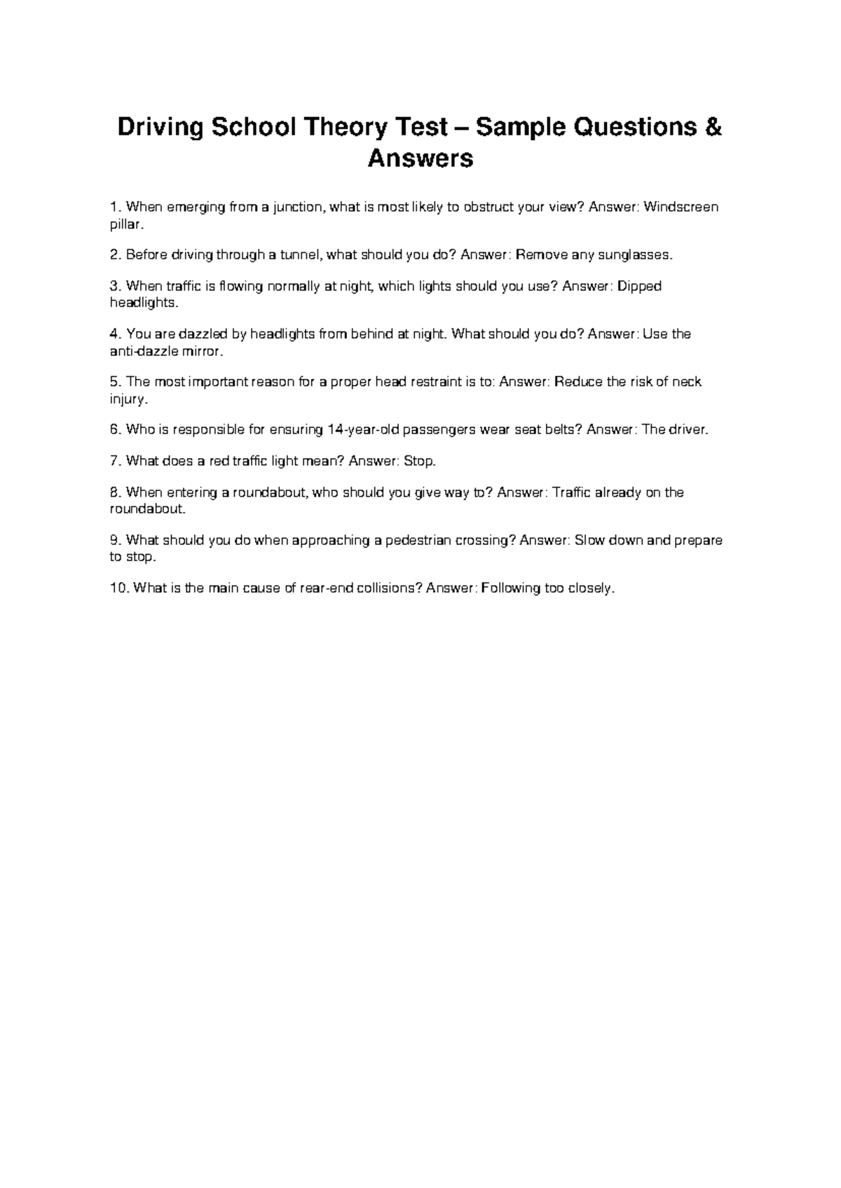 Driving School Theory Test Sample Q&A for Students - Studocu