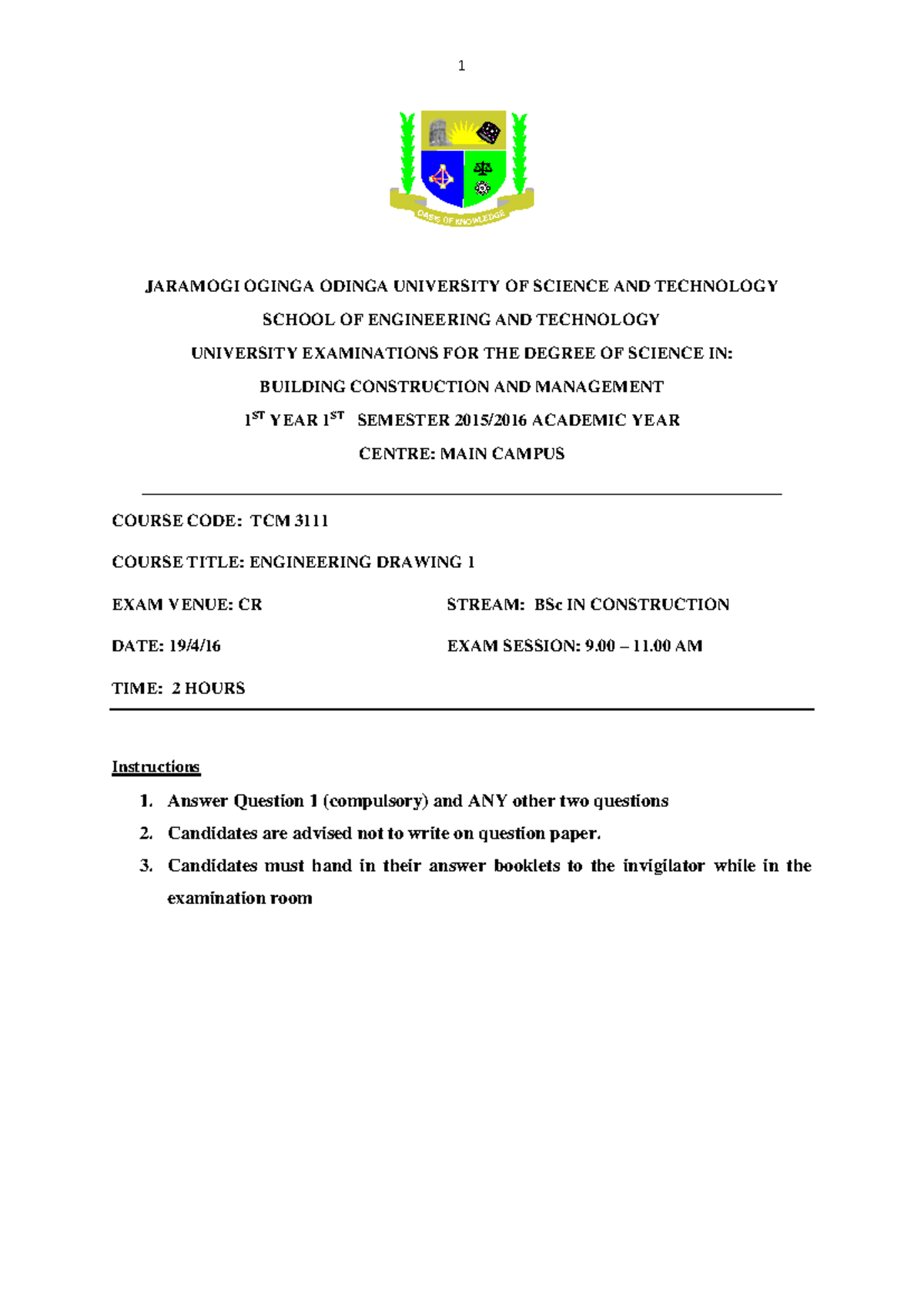 TCM3111 Engineering Drawing I 2015 Exam Paper - Studocu