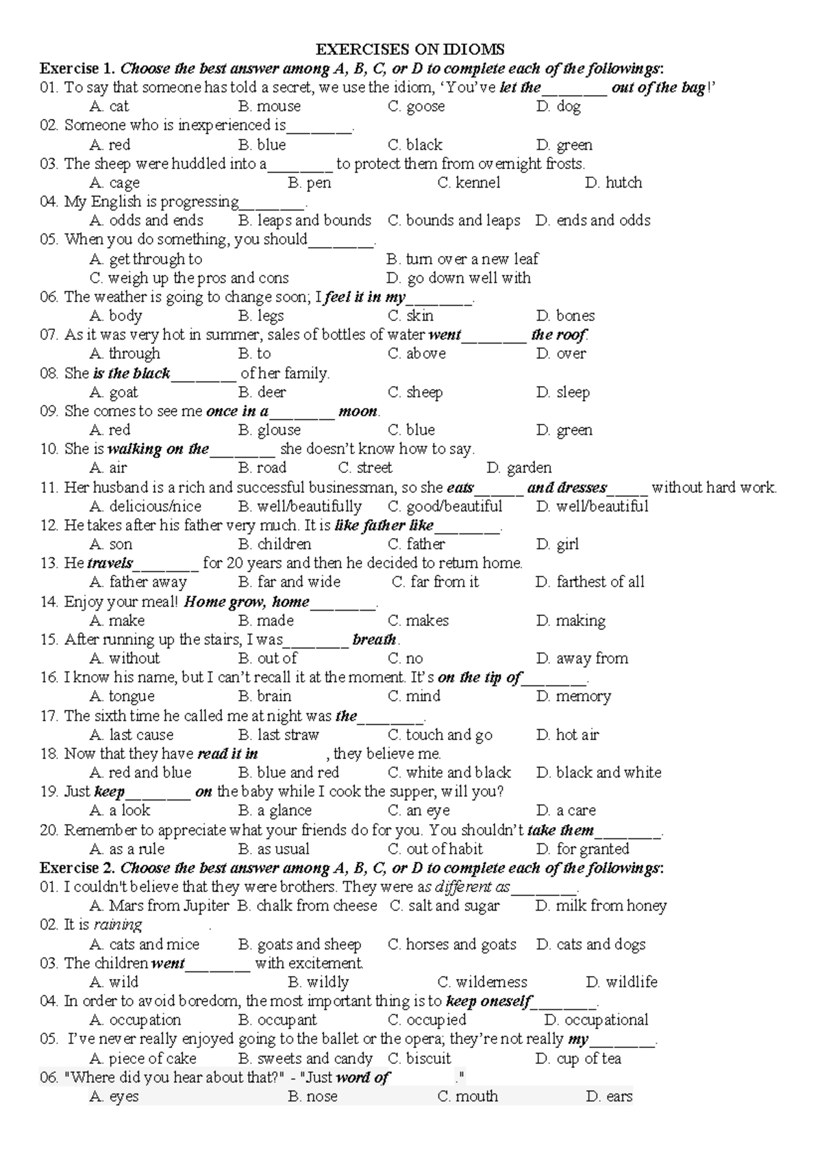 BÀI TẬP IDIOMS - Exercise on Idioms for Practice - Studocu