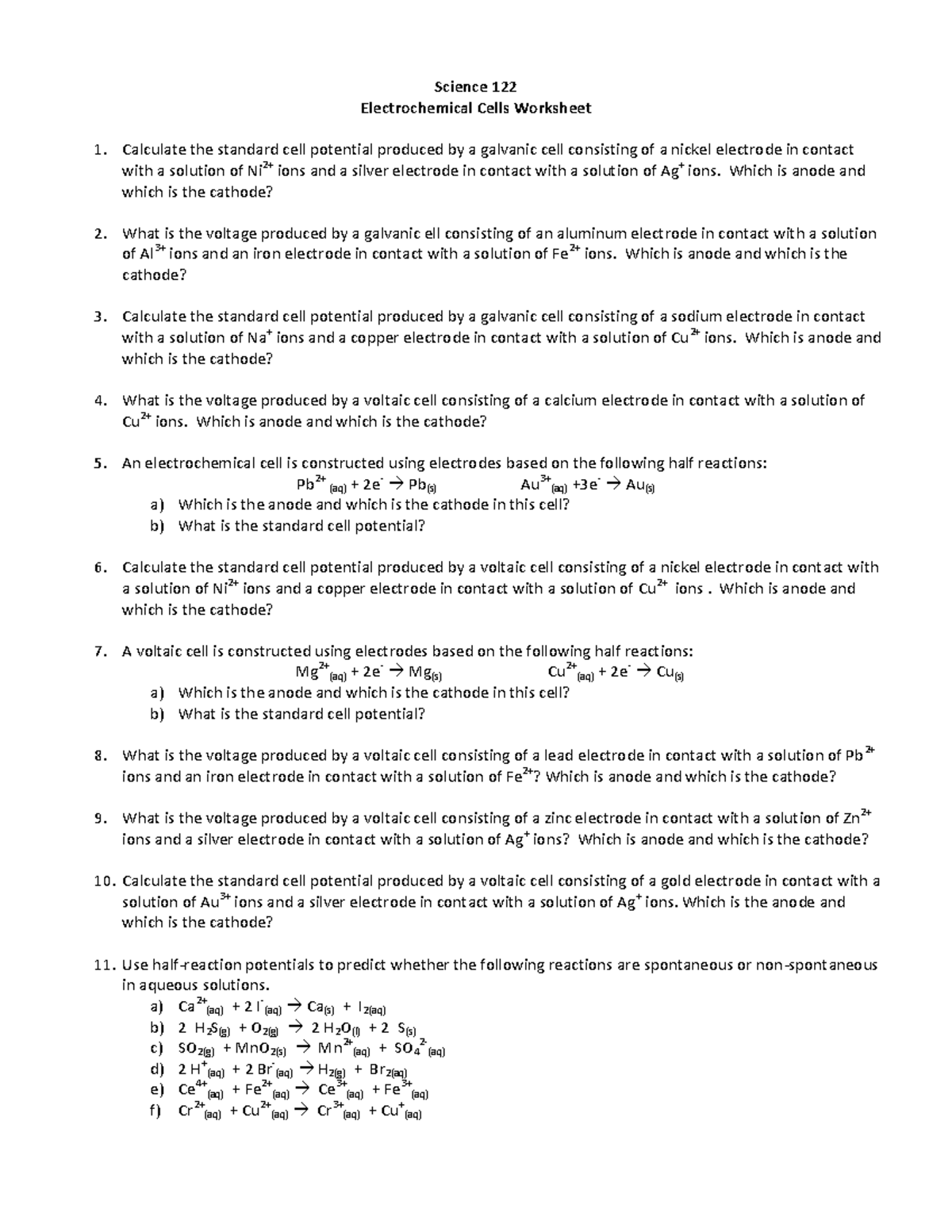 Science 122 Electrochemical Cells Worksheet and Solutions - Studocu