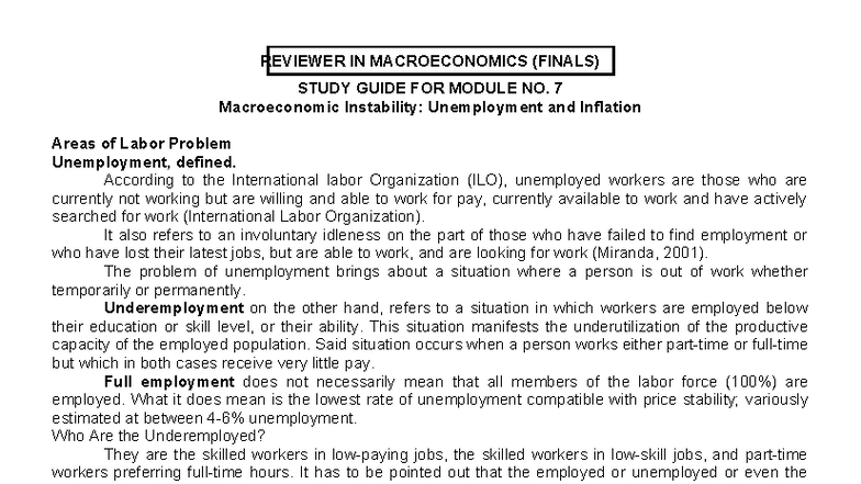 REVIEWER IN MACROECONOMICS (FINALS) MODULE 7: UNEMPLOYMENT & INFLATION ...
