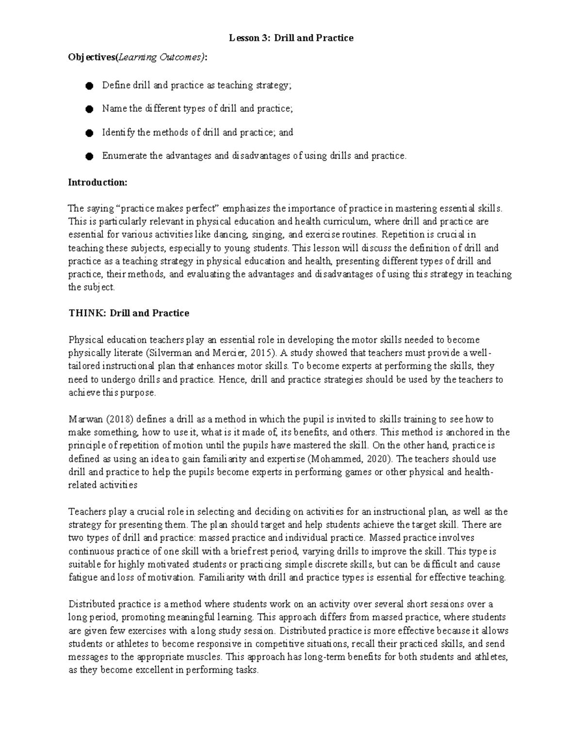 Lesson 3 - Drill and Practice Strategies in PE and Health Education ...