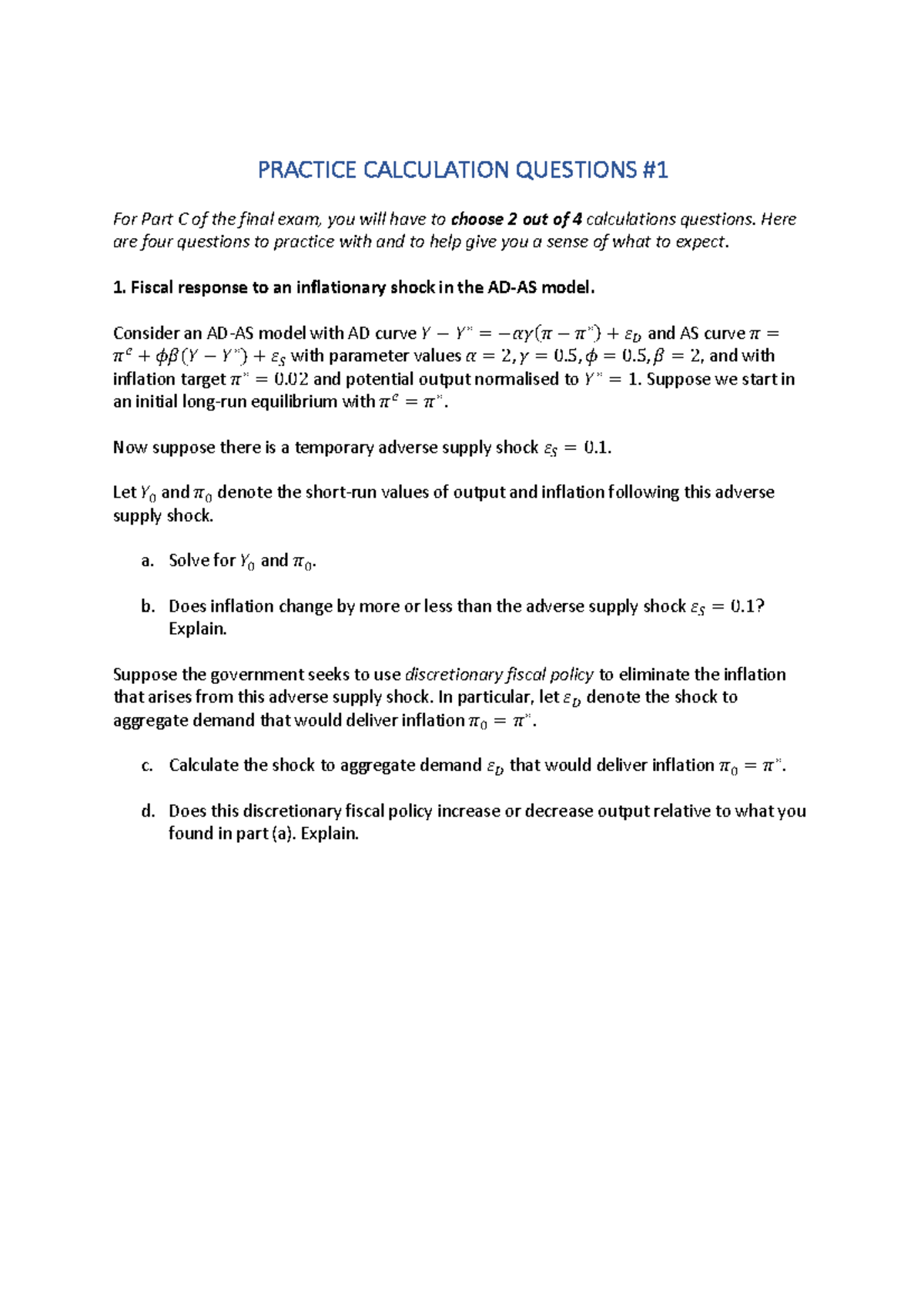 PRACTICE CALCULATION QUESTIONS For Final Exam Part C - Economics 101 ...