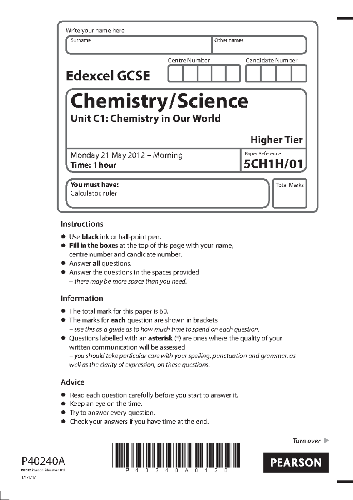 C1: Chemistry in Our World - June 2012 Higher Tier Exam Paper - Studocu