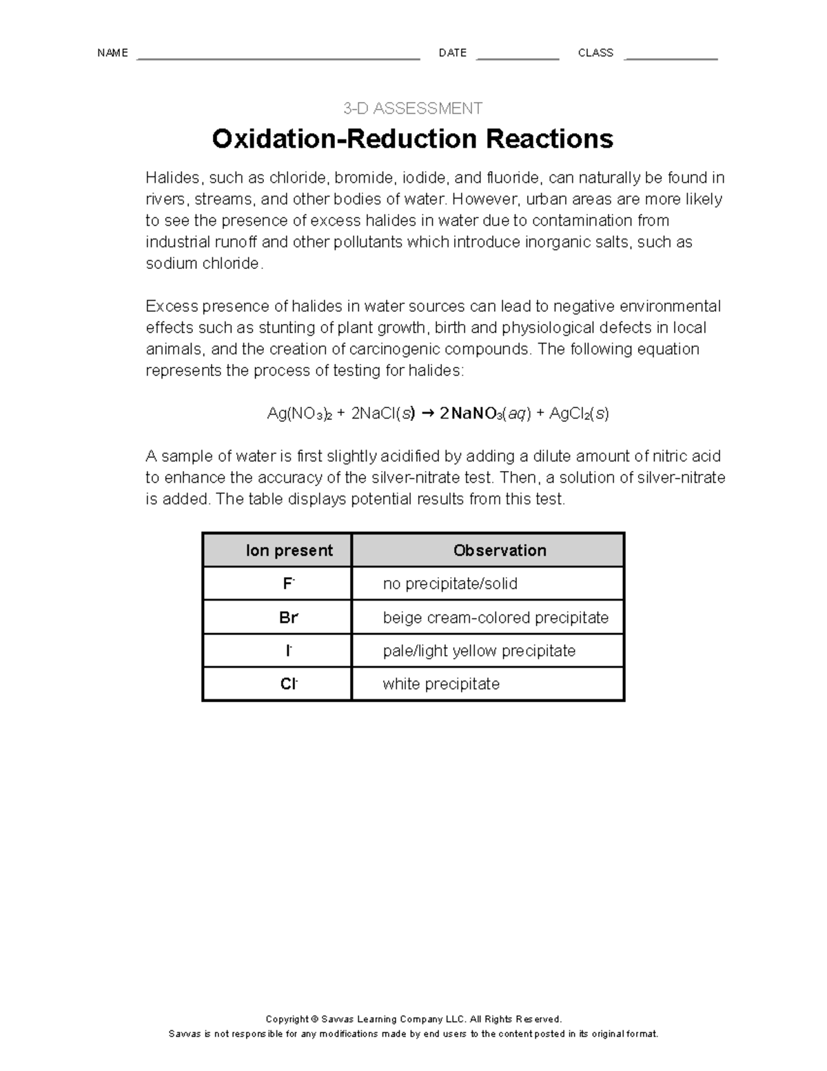 CHEM21 OR Investigation Test: Halide Reactions and Analysis - Studocu
