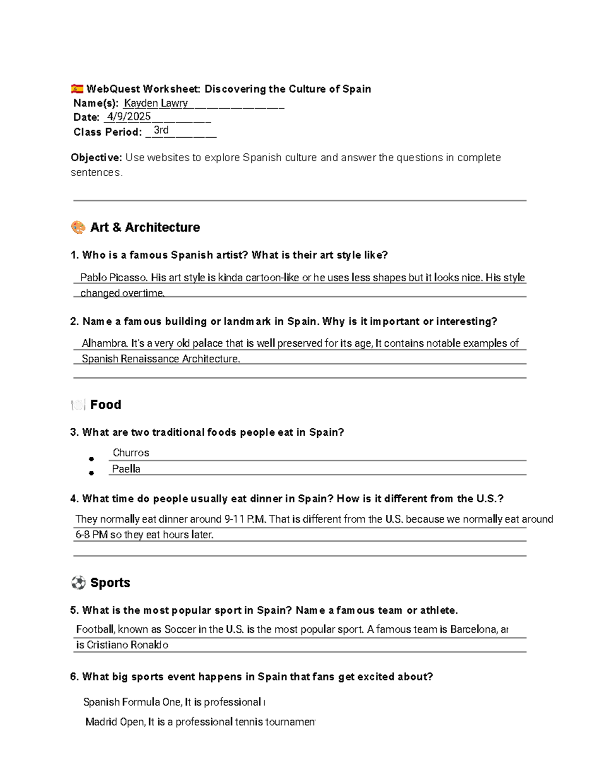 Kayden Lawry - Web Quest Worksheet Discovering the Culture of Spain ...