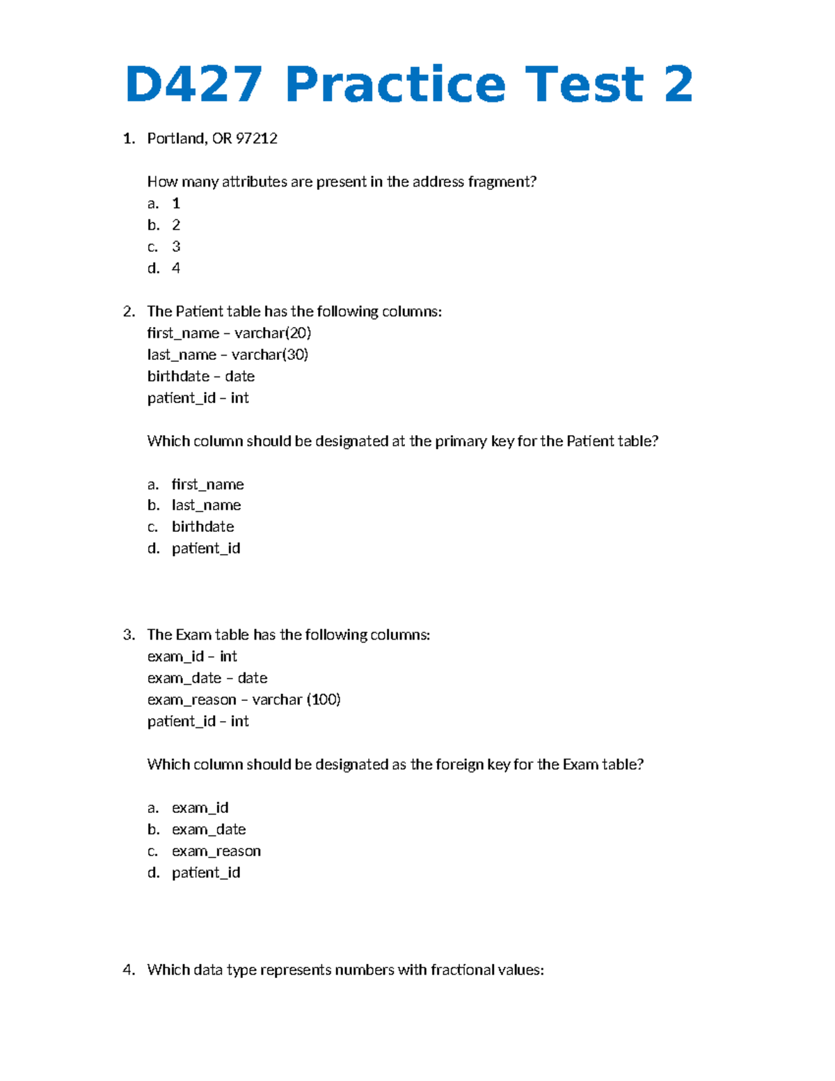D427 Practice Test 2: Comprehensive Answer Key and Explanations - Studocu