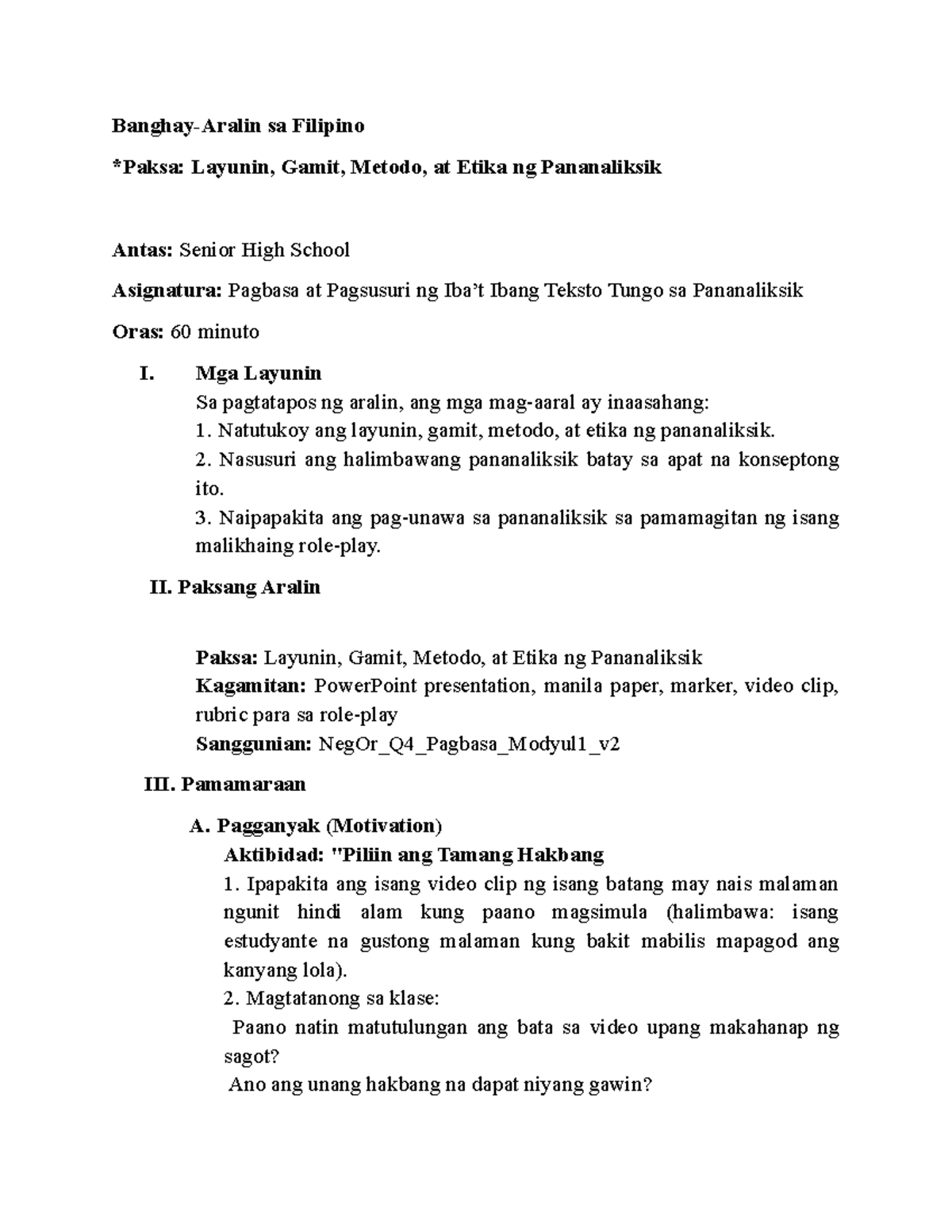 Banghay-Aralin sa Filipino: Layunin, Gamit, Metodo at Etika ng ...