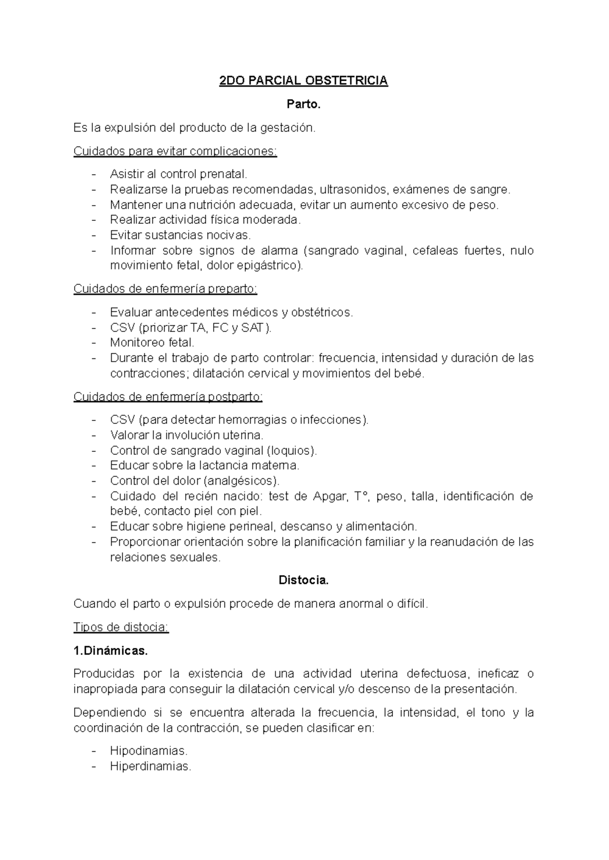 2do Parcial de Obstetricia: Cuidados y Complicaciones del Parto - Studocu