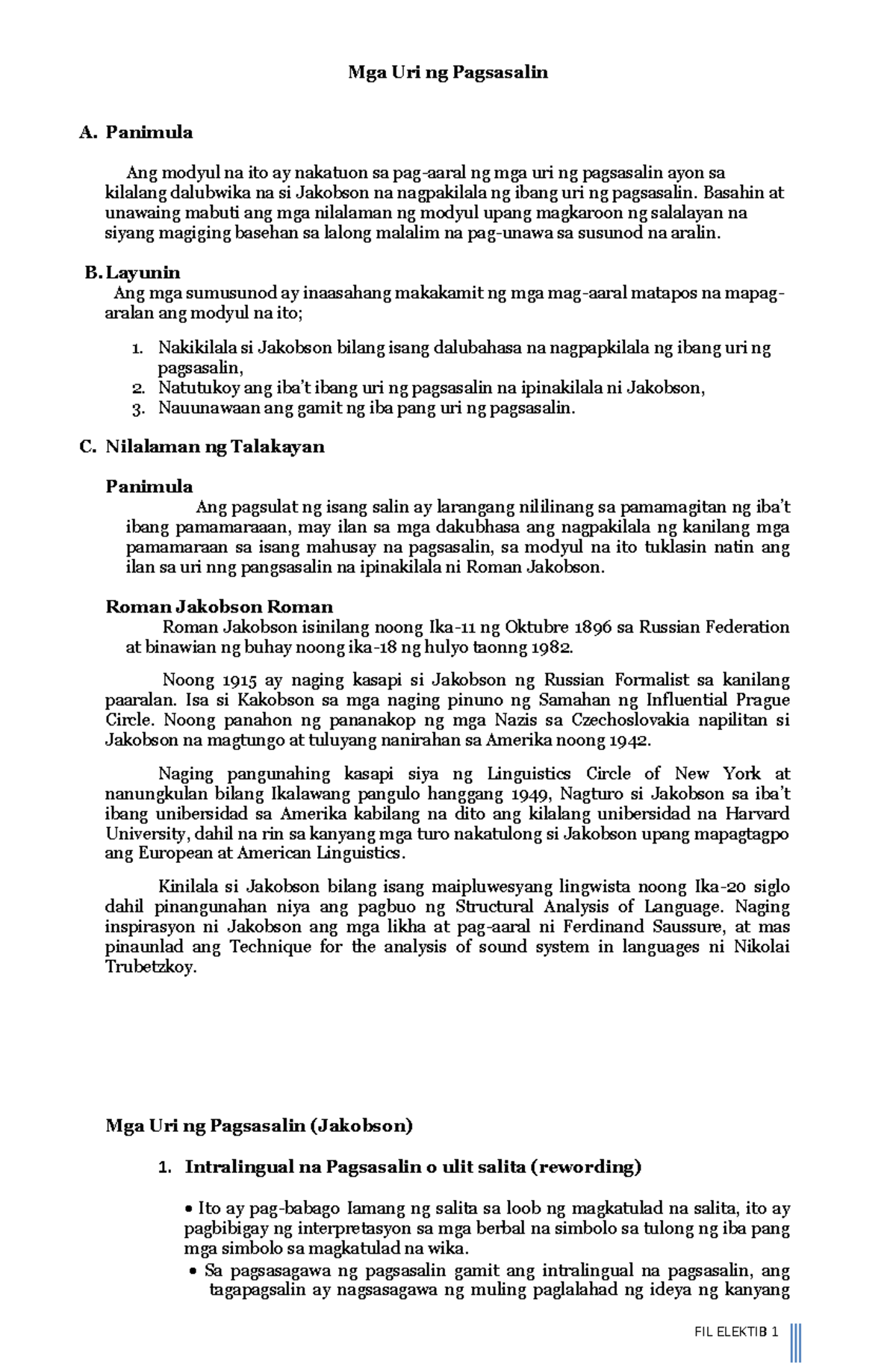 Mga Uri ng Pagsasalin Ayon kay Jakobson: Isang Pagsusuri - Studocu