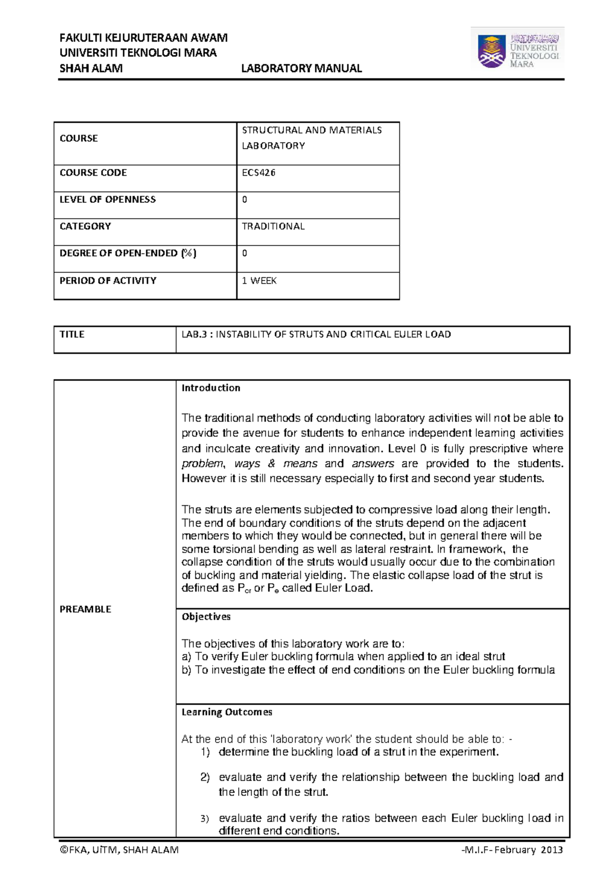 ECS426 Lab.3: Instability of Struts & Critical Euler Load - Studocu
