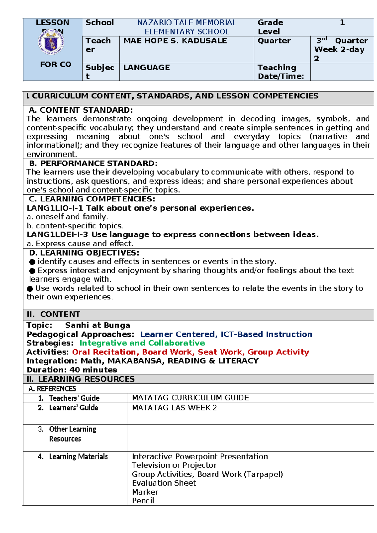 Lesson Plan for Language Teaching (COT) - Studocu