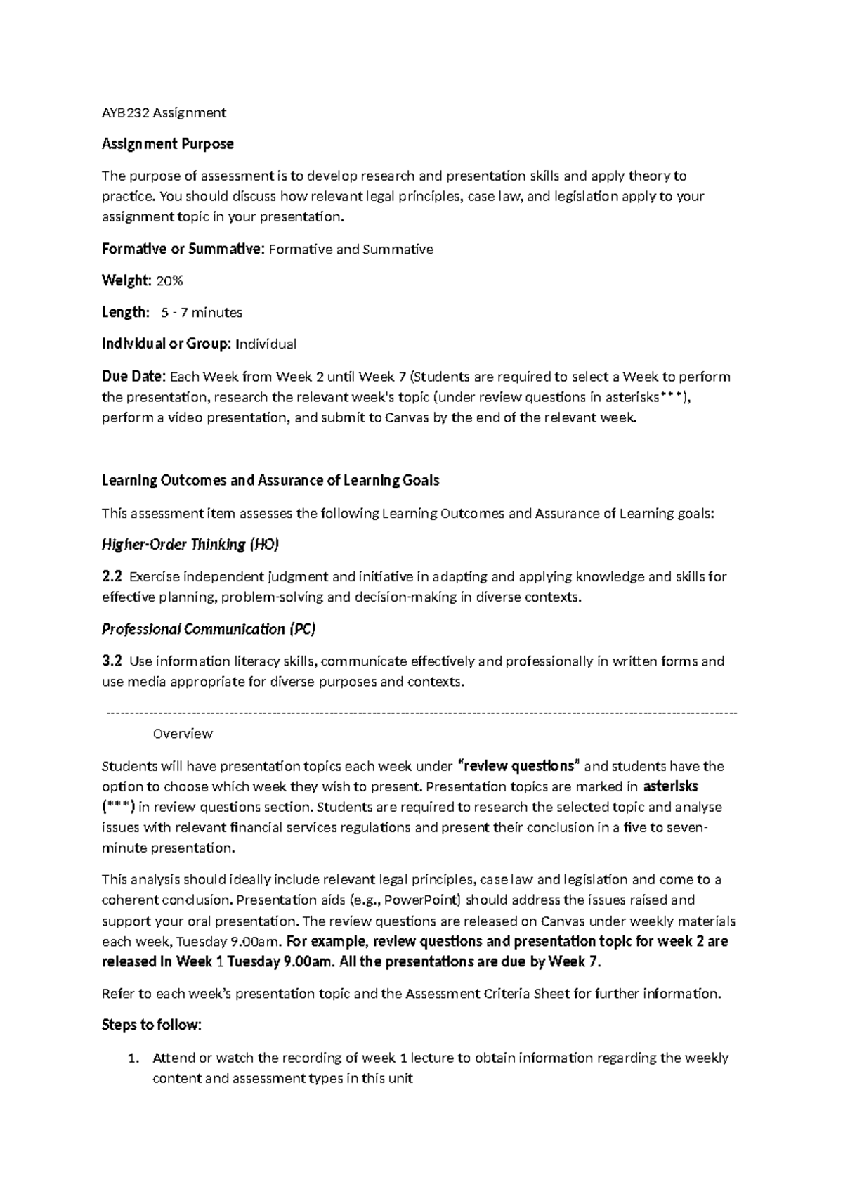 AYB232 Individual Presentation Guidelines and Assessment Criteria - Studocu