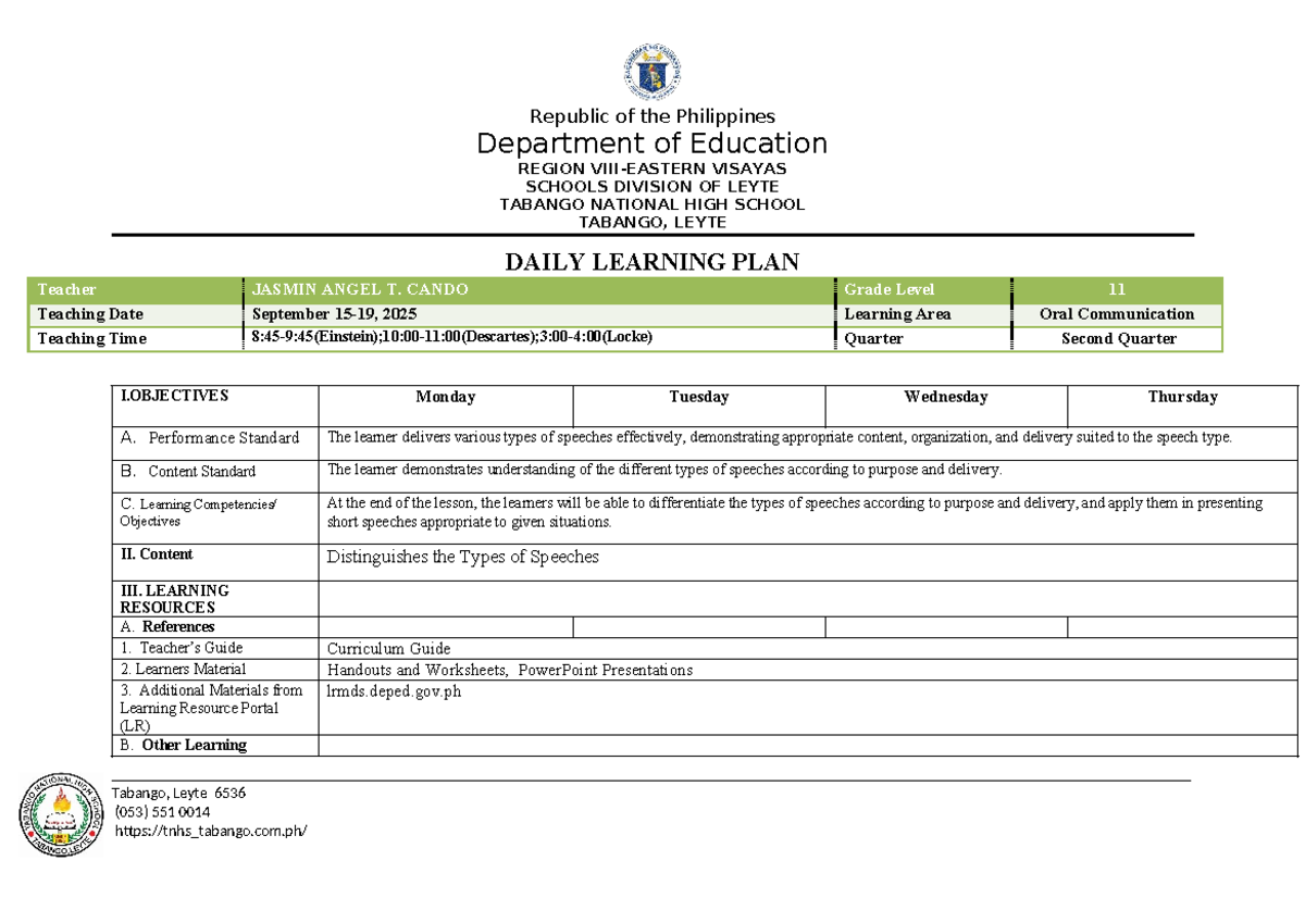 OC 11 Daily Learning Plan for Oral Communication (Sept 14-18) - Studocu