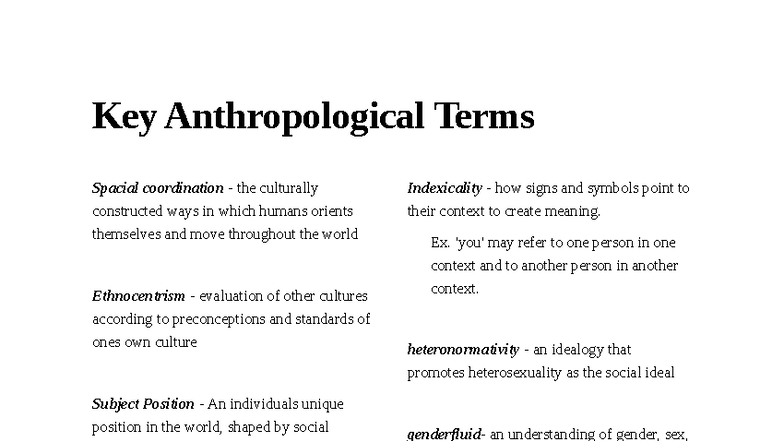 Key Terms in Anthropology: A Comprehensive Overview (ANTH 101) - Studocu
