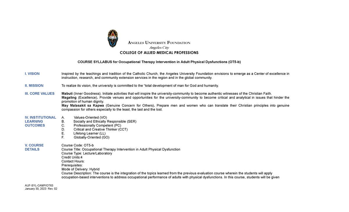 OT5-b Syllabus: Occupational Therapy Intervention in Adult Physical ...