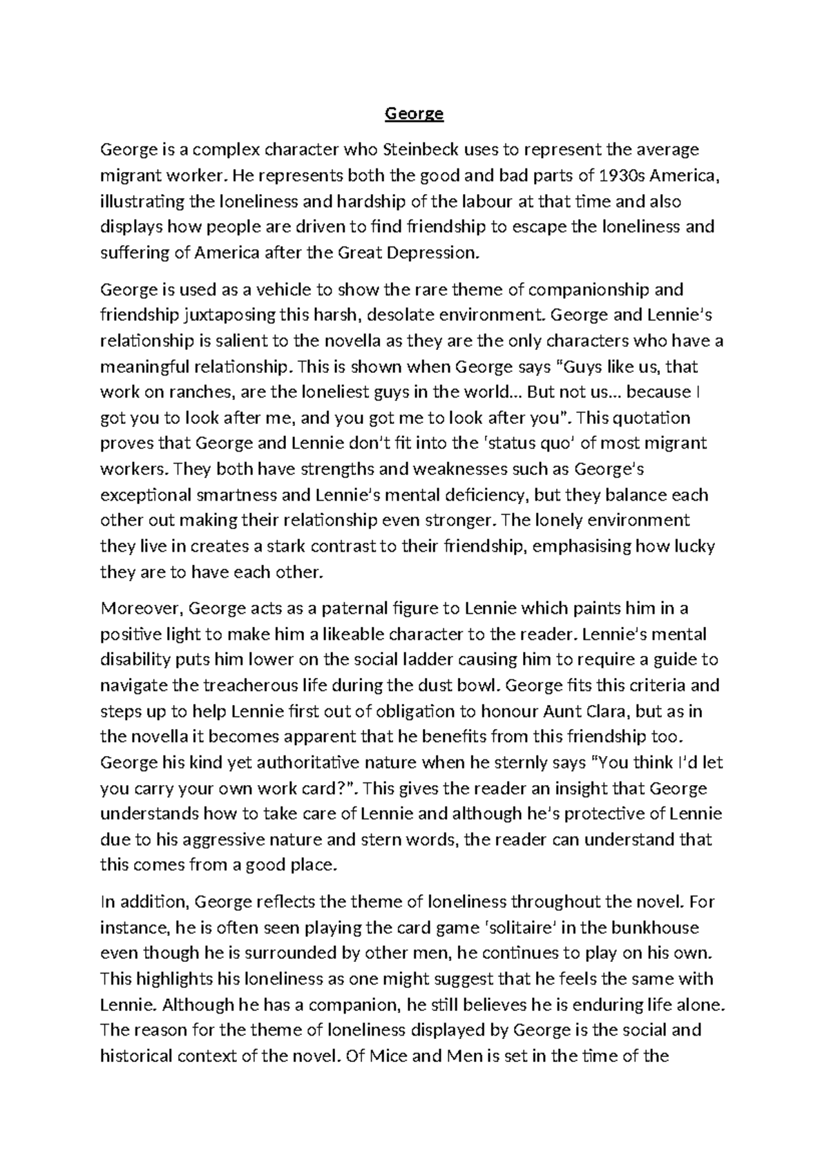 Edexcel IGCSE - Character Analysis of George in Of Mice and Men - Studocu