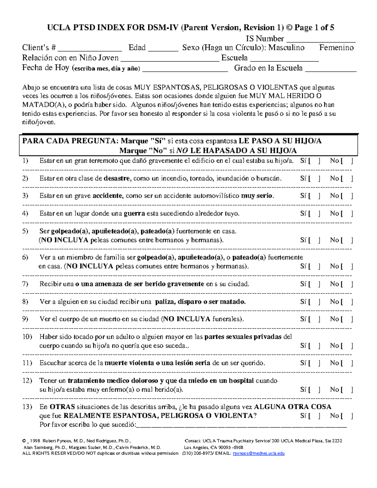 UCLA PTSD Index for Parents: Trauma Assessment (Revision 1) - Studocu