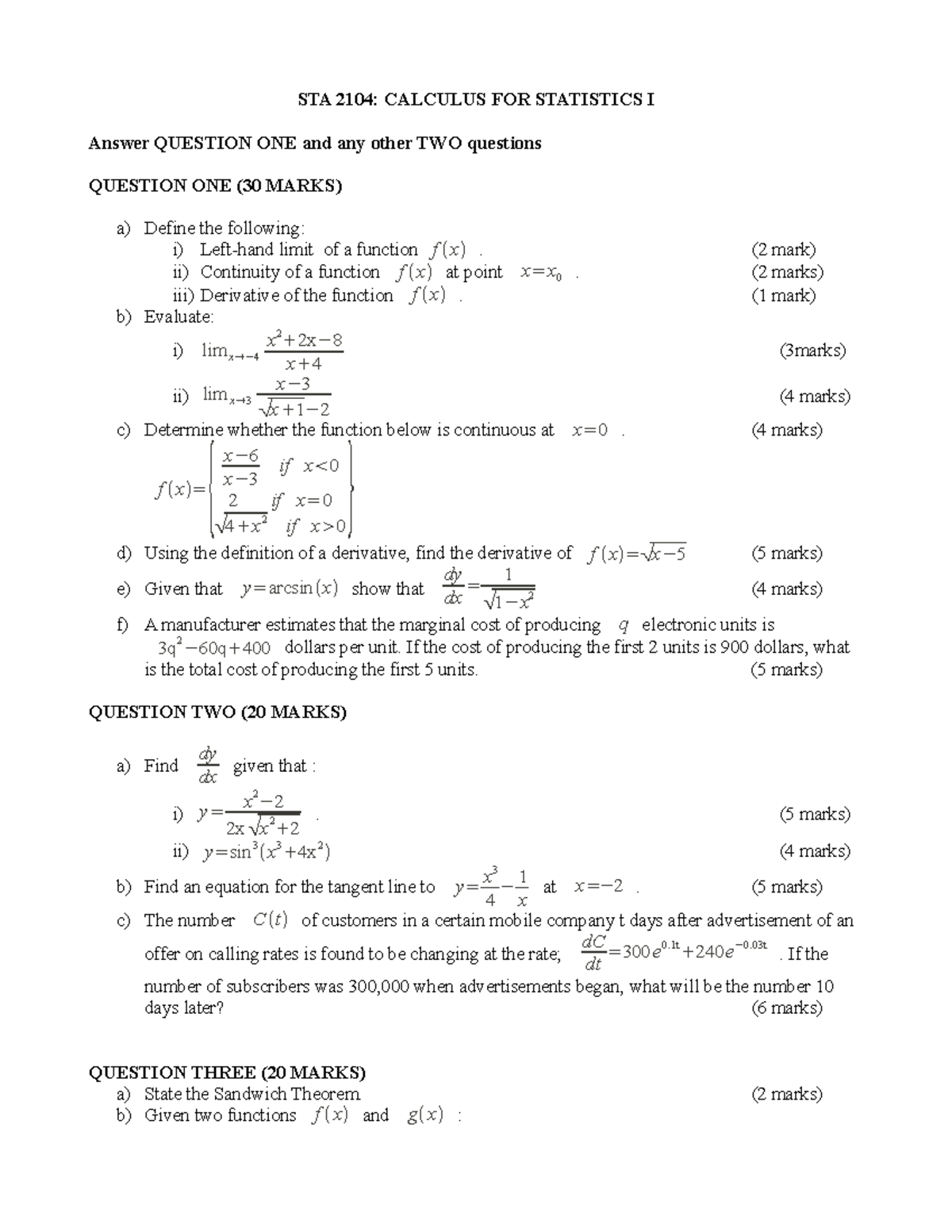 Calc STApaper - Calculus exam - STA 2104: CALCULUS FOR STATISTICS I ...