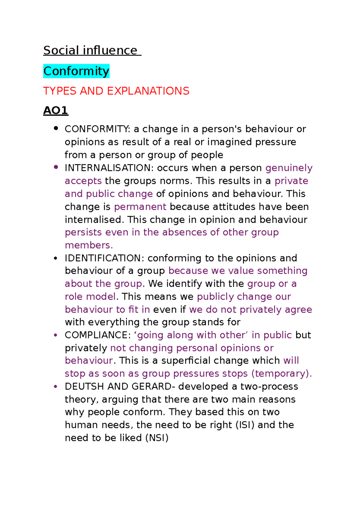 Social Influence: Conformity Types & Explanations - Class Notes - Studocu