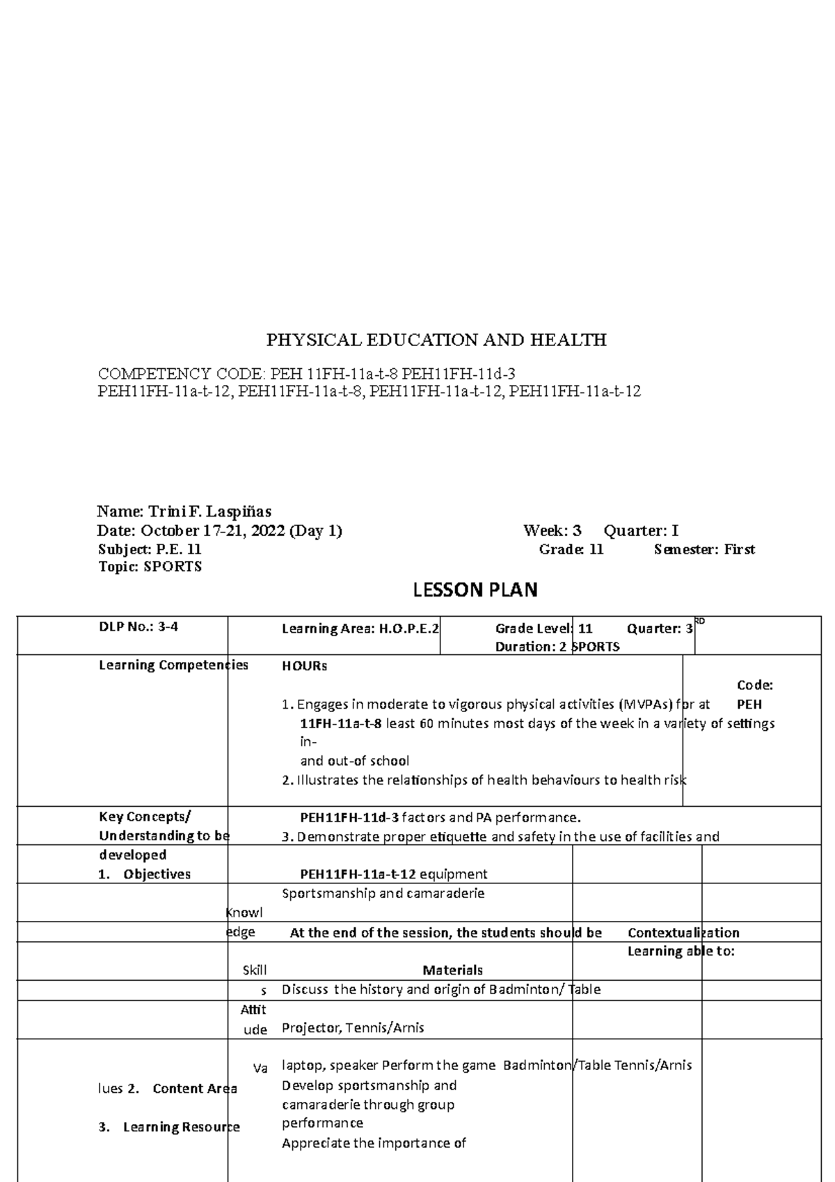 PEH 11FH-11: Individual and Dual Sports Lesson Plan for Badminton - Studocu
