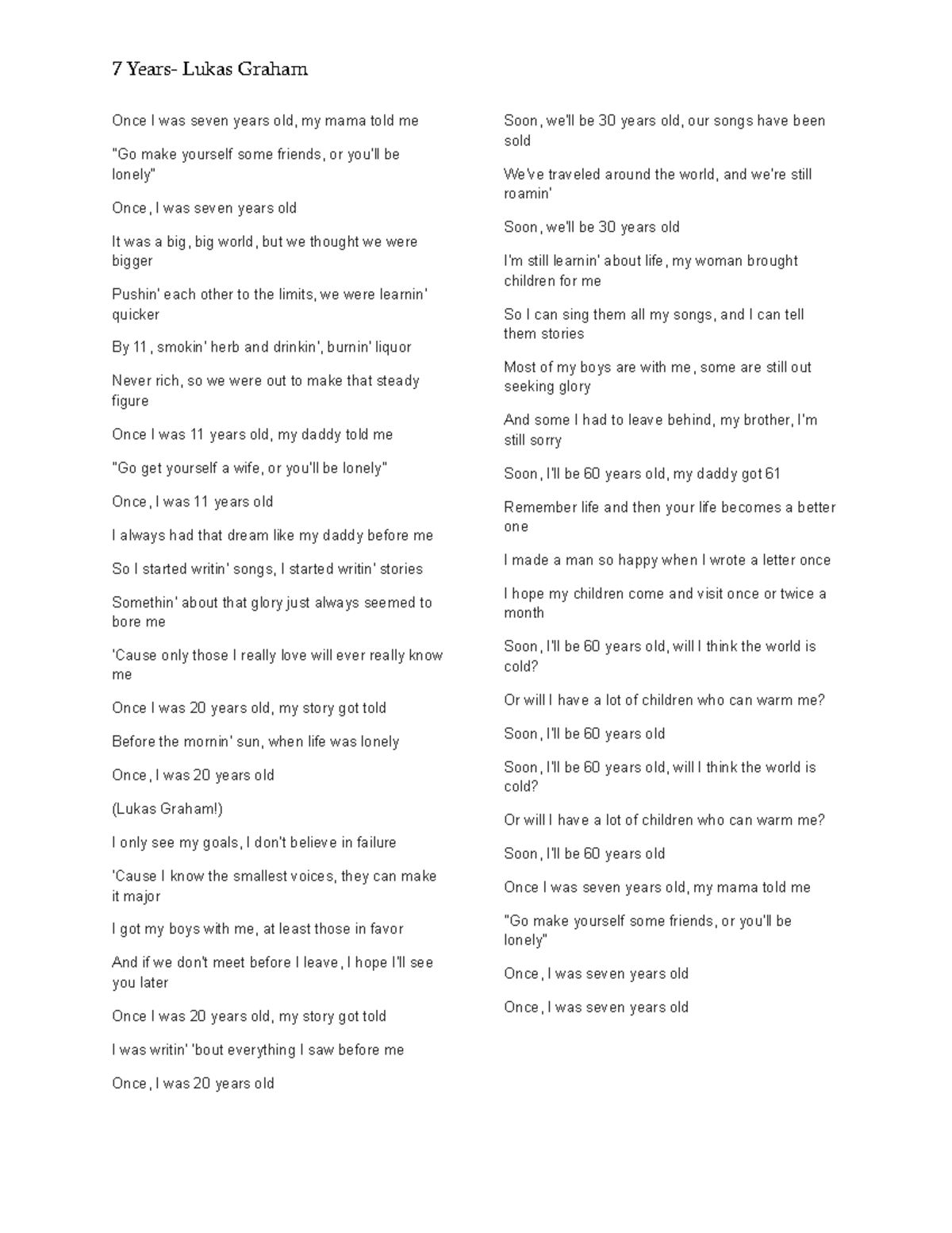 lyrics of 7 years - 7 Years- Lukas Graham Once I was seven years old ...