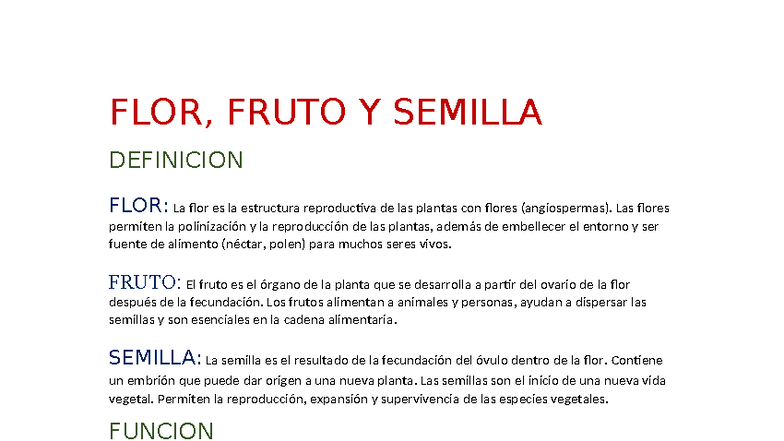 BIO 101 - Definición y Funciones de Flor, Fruto y Semilla - Studocu