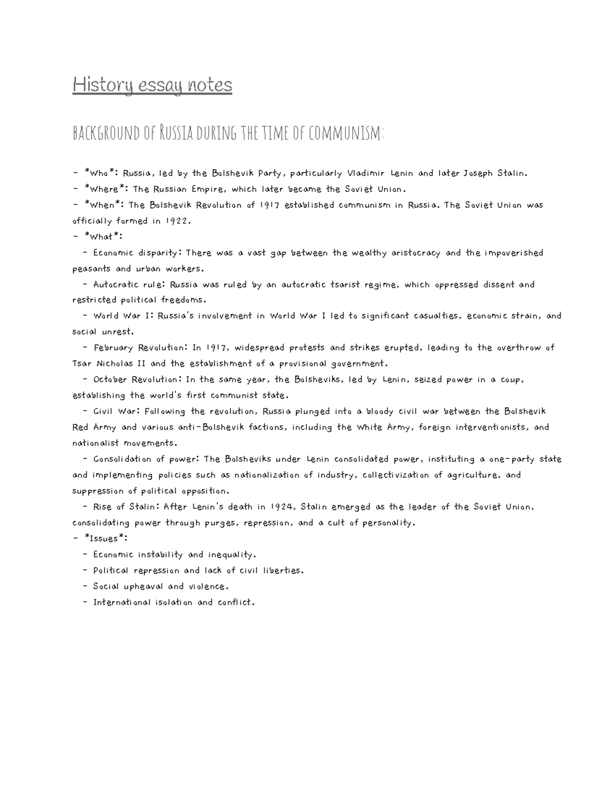 Lenin's Communism in Russia: History Essay Notes (HIST 101) - Studocu
