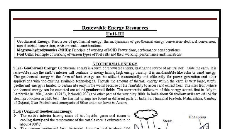 RER UNIT-3: Geothermal Energy, MHD, and Fuel Cells Overview - Studocu