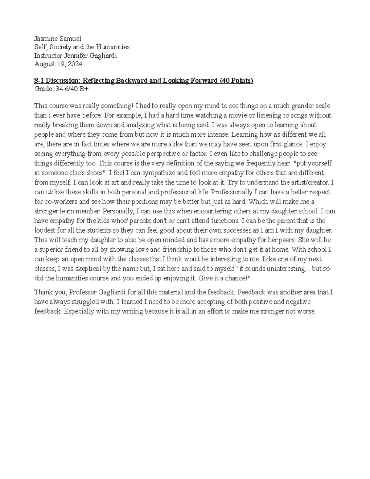 8-1 Discussion Reflection: Insights on Self and Society (40 Points ...