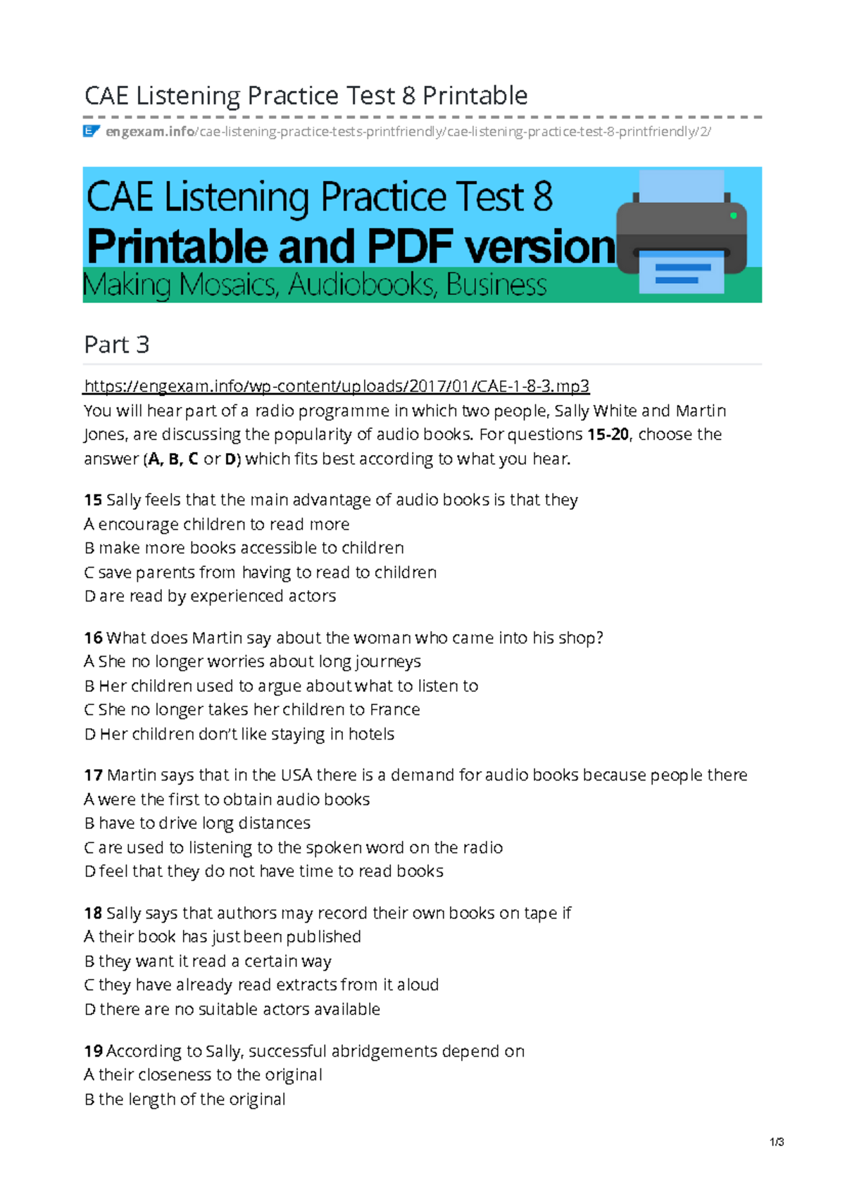 CAE Listening Practice Test 8.2: Printable Audio Format & Questions ...