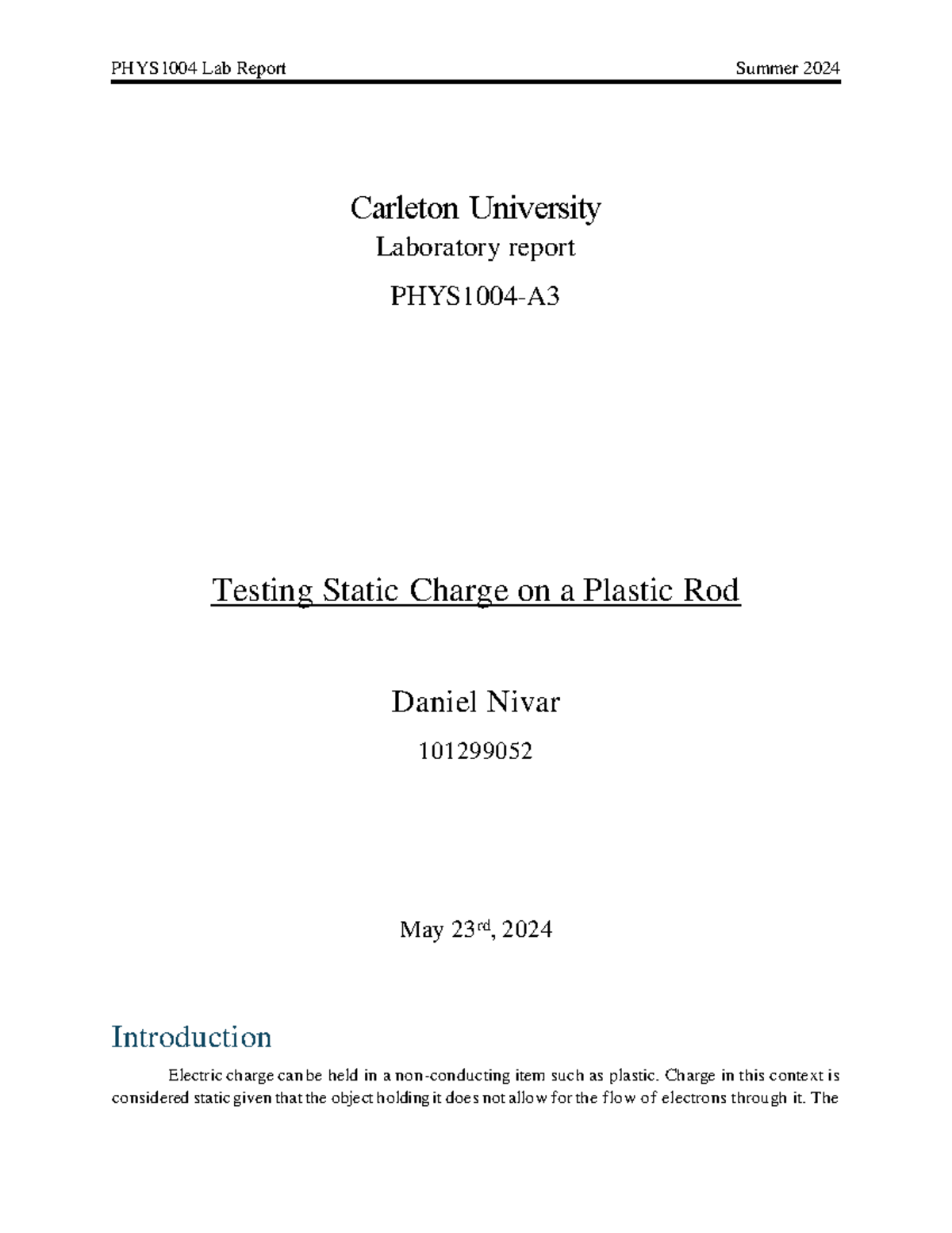 PHYS1004-A Lab Report: Exploring Static Charge on a Plastic Rod - Studocu