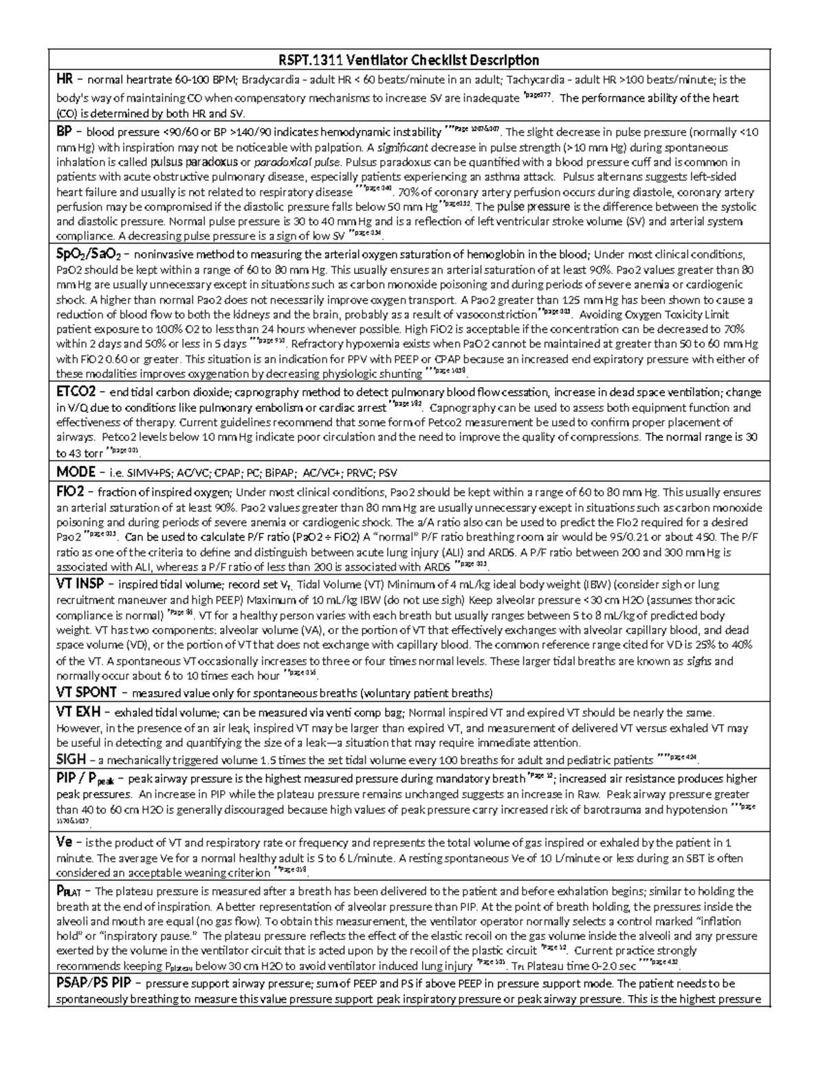 Vent Checklist - Respiratory - RSPT Ventilator Checklist Description HR ...