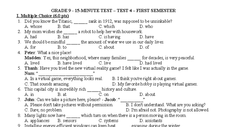 GRADE 9 TEST 4 FIRST SEMESTER MULTIPLE CHOICE QUESTIONS - Studocu