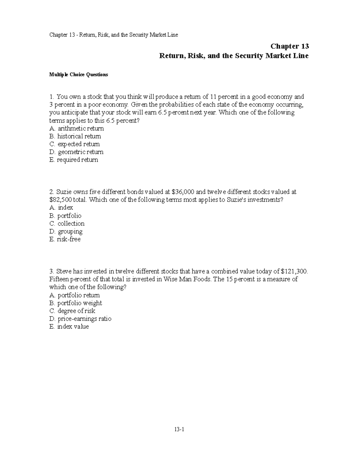 Chap013 - Test Bank on Return, Risk, and Security Market Line - Studocu
