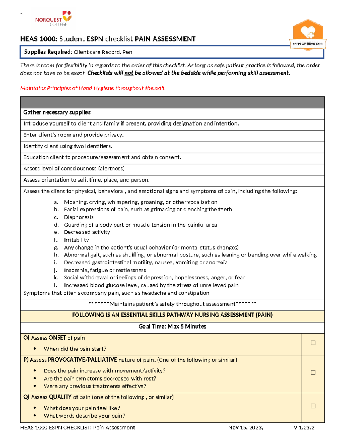 HEAS1000 ESPN Pain Assessment Checklist - Student Guide V1 - Studocu