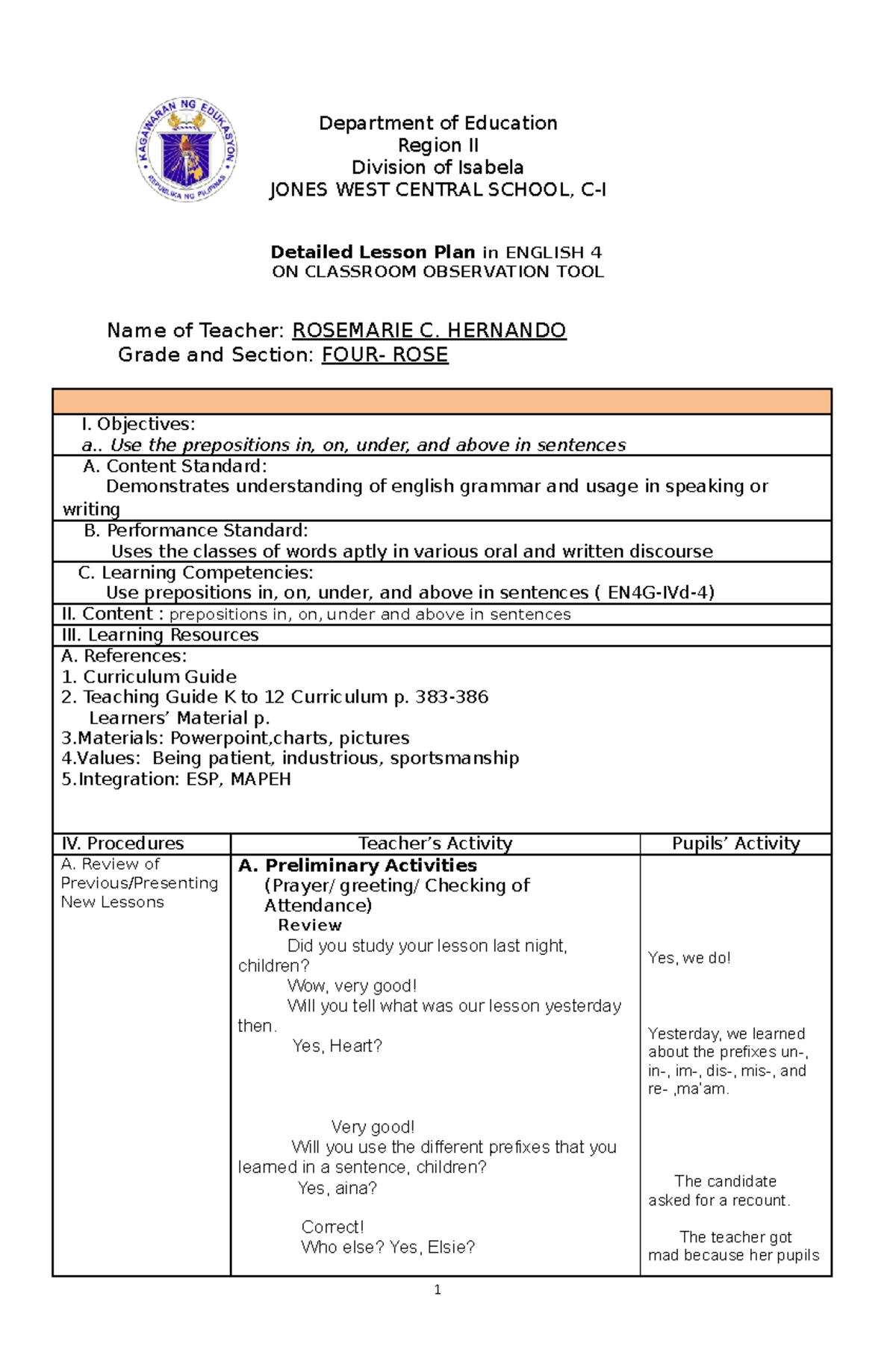 Detailed Lesson Plan (DLP) for Grade 4 English - COT Q4 by Rosemarie C ...