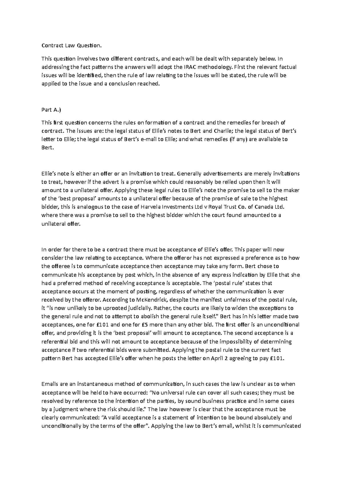 IRAC Methodology Applied: Contract Law Analysis & Scenarios - Studocu