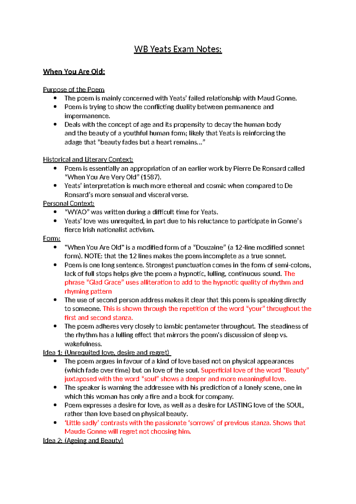 WB Yeats Exam Notes - WB Yeats Exam Notes: When You Are Old: Purpose of ...