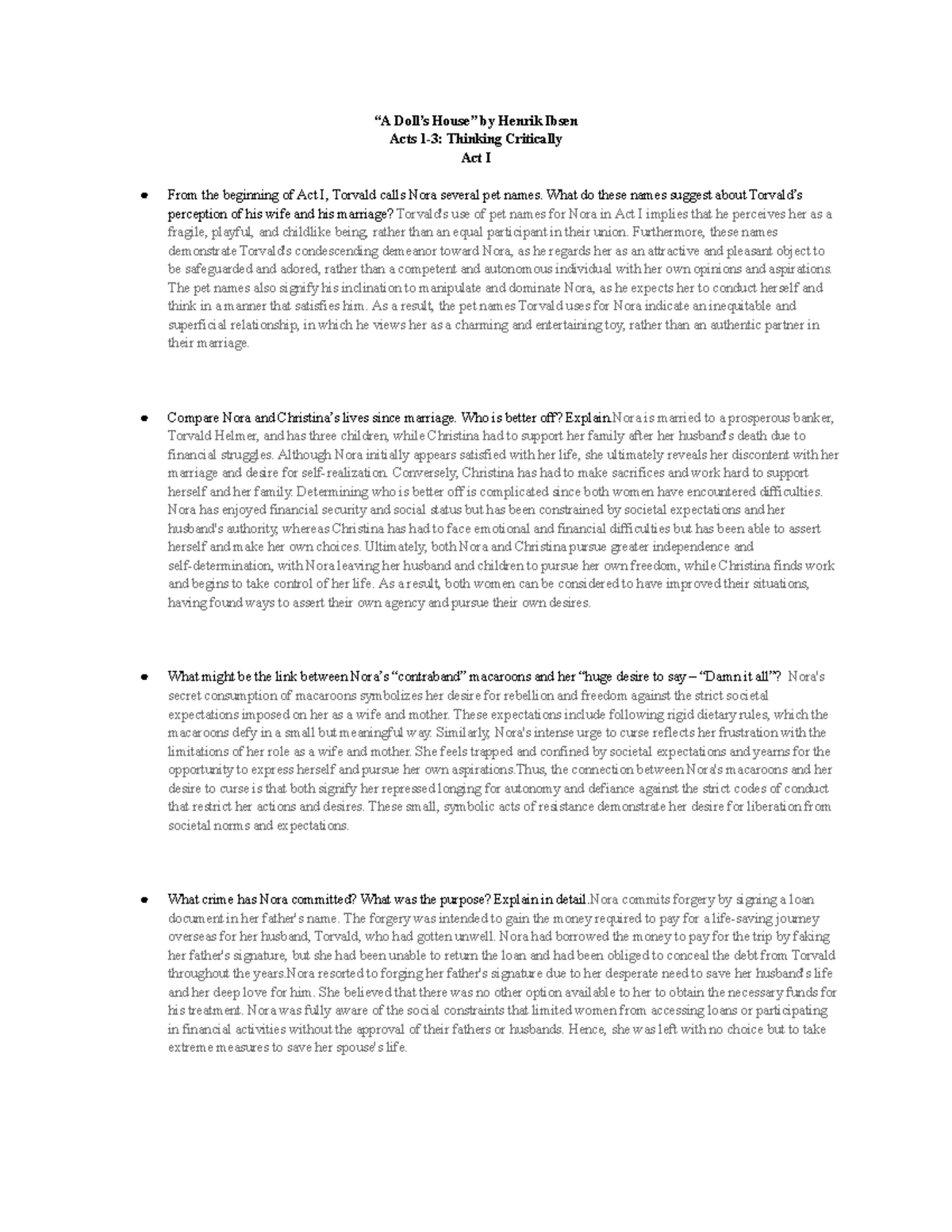 Unit 3: Critical Analysis of "A Doll's House" by Ibsen - Studocu