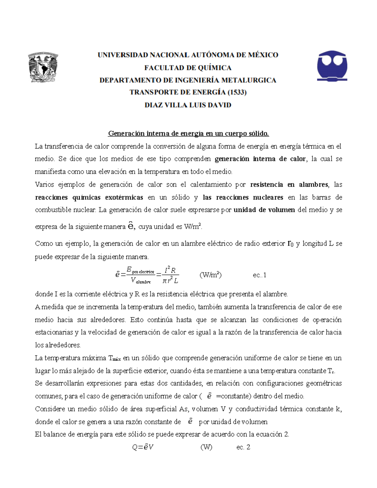 Generación interna de calor en sólidos: Fundamentos y ejemplos - Studocu