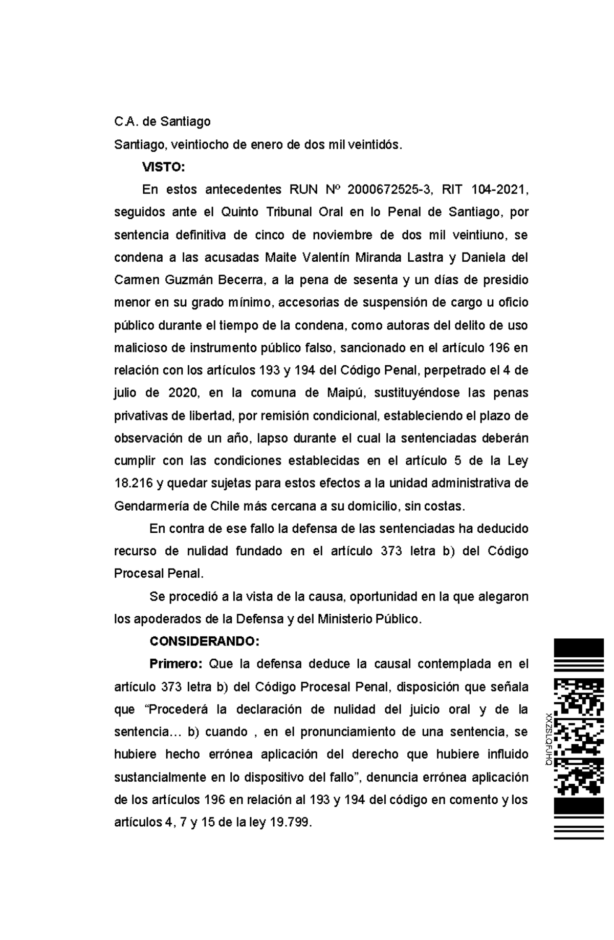 Nulidad de Sentencia: Caso Miranda y Guzmán - RIT en Santiago - Studocu
