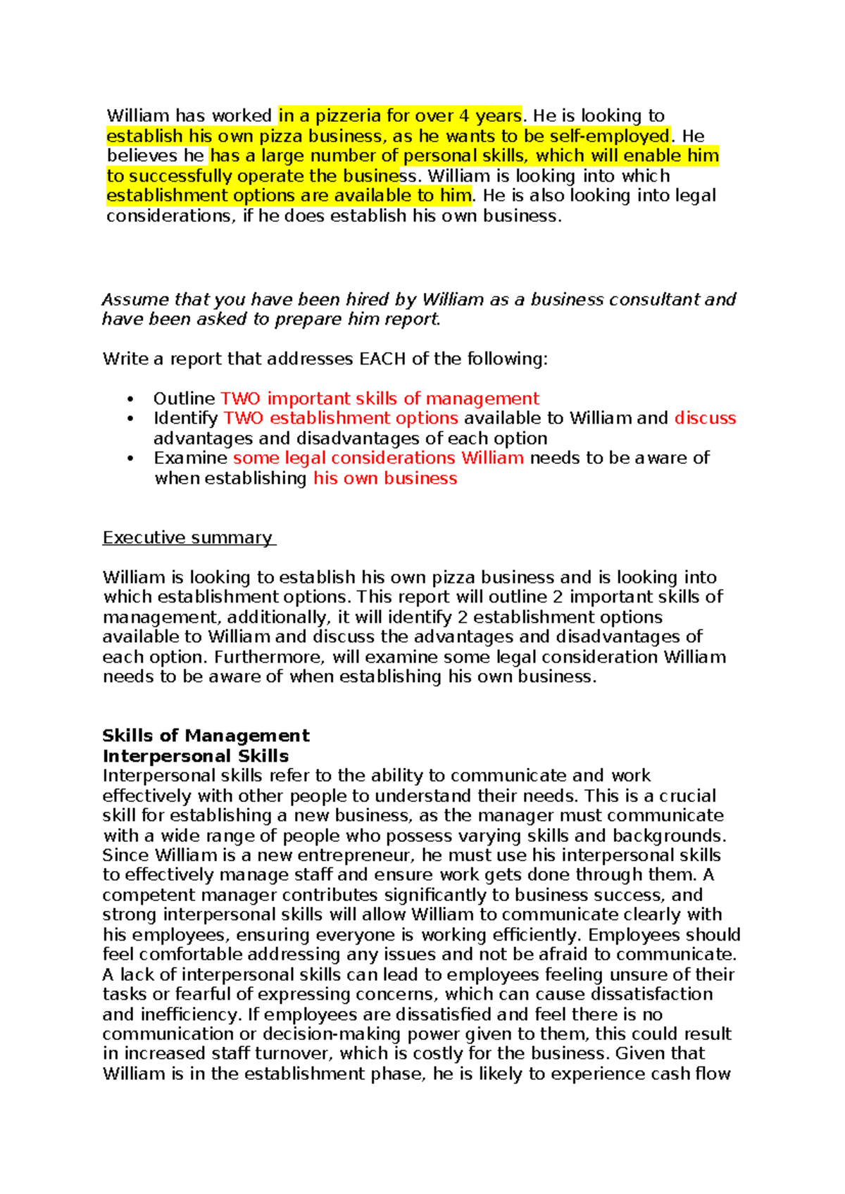 Business Report: Establishing William's Pizza Business Options and ...