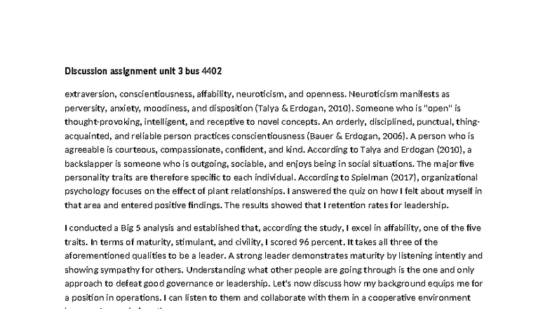 Discussion Assignment Unit 3: Big 5 Personality Traits in Leadership ...