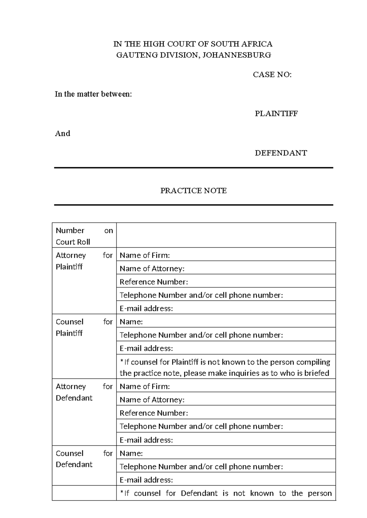 High Court Practice Notes (CIVIL) - Gauteng Division - Studocu