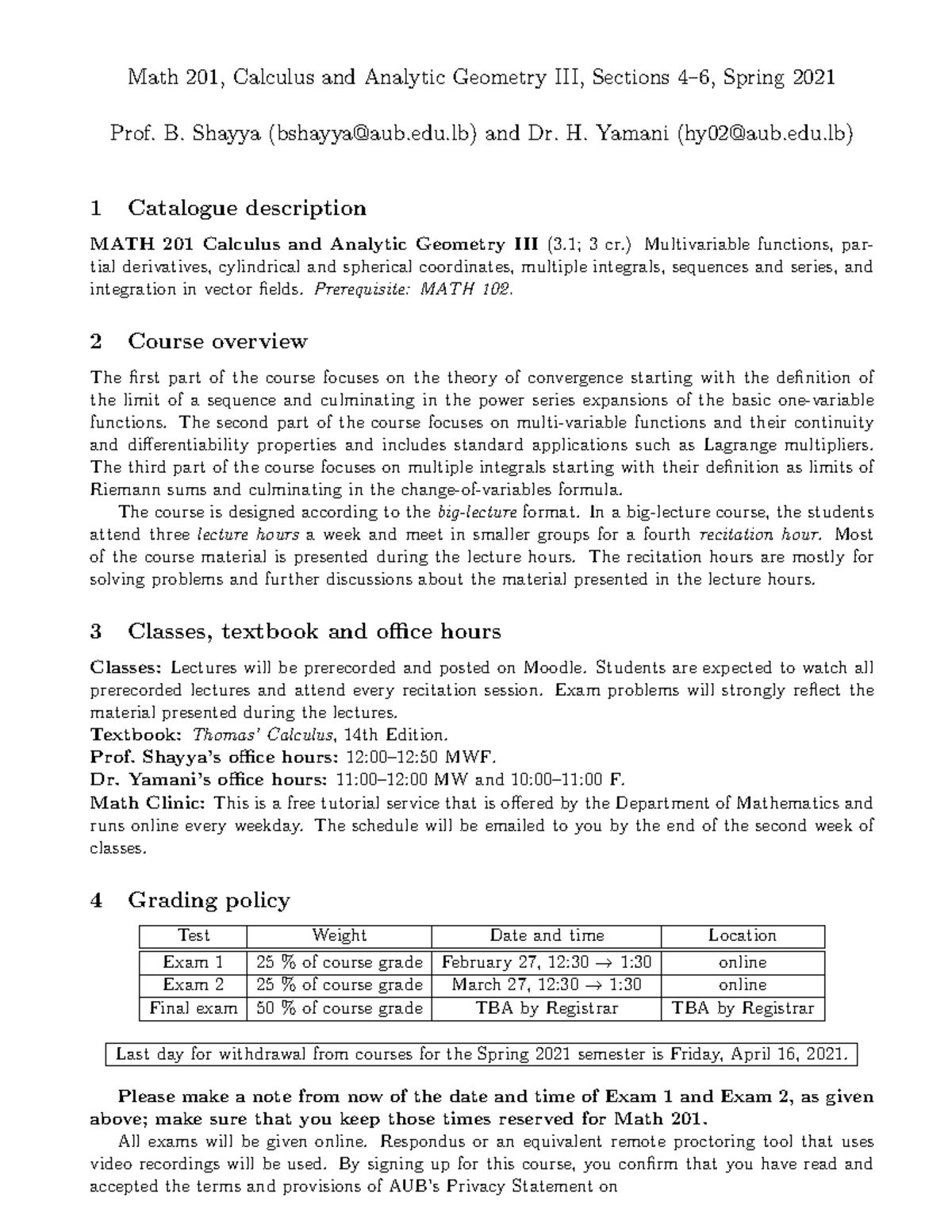 Math 201 - Calculus III Course Overview and Important Exam Info - Studocu