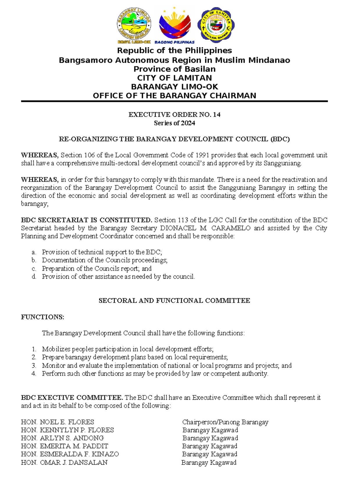 BDC Resolutions: Executive Order No. 14 for Barangay Development ...