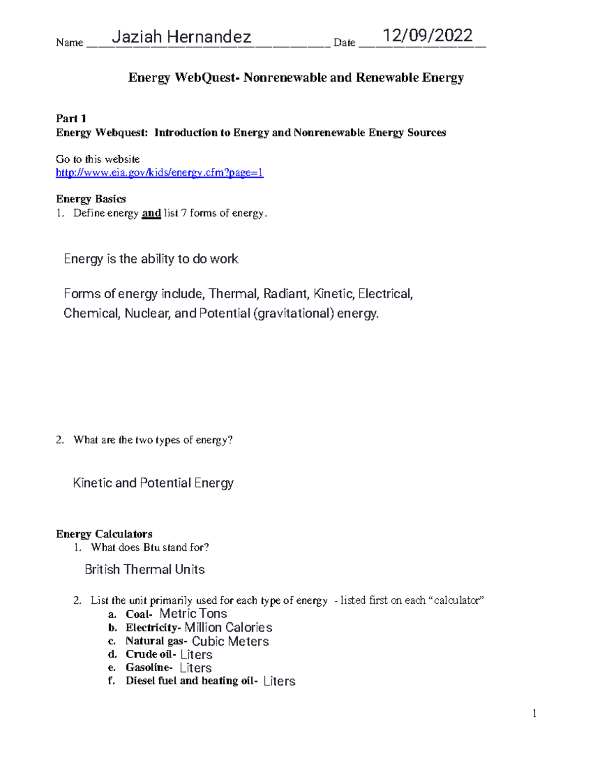 Jaziah Hernandez - energy webquest - Energy WebQuest- Nonrenewable and ...