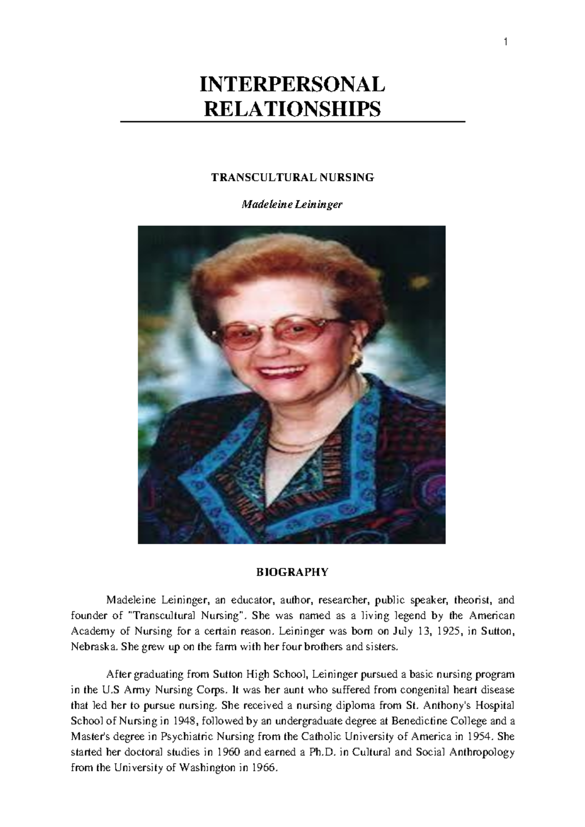 Madeleine Leininger (Transcultural Theory) - INTERPERSONAL ...