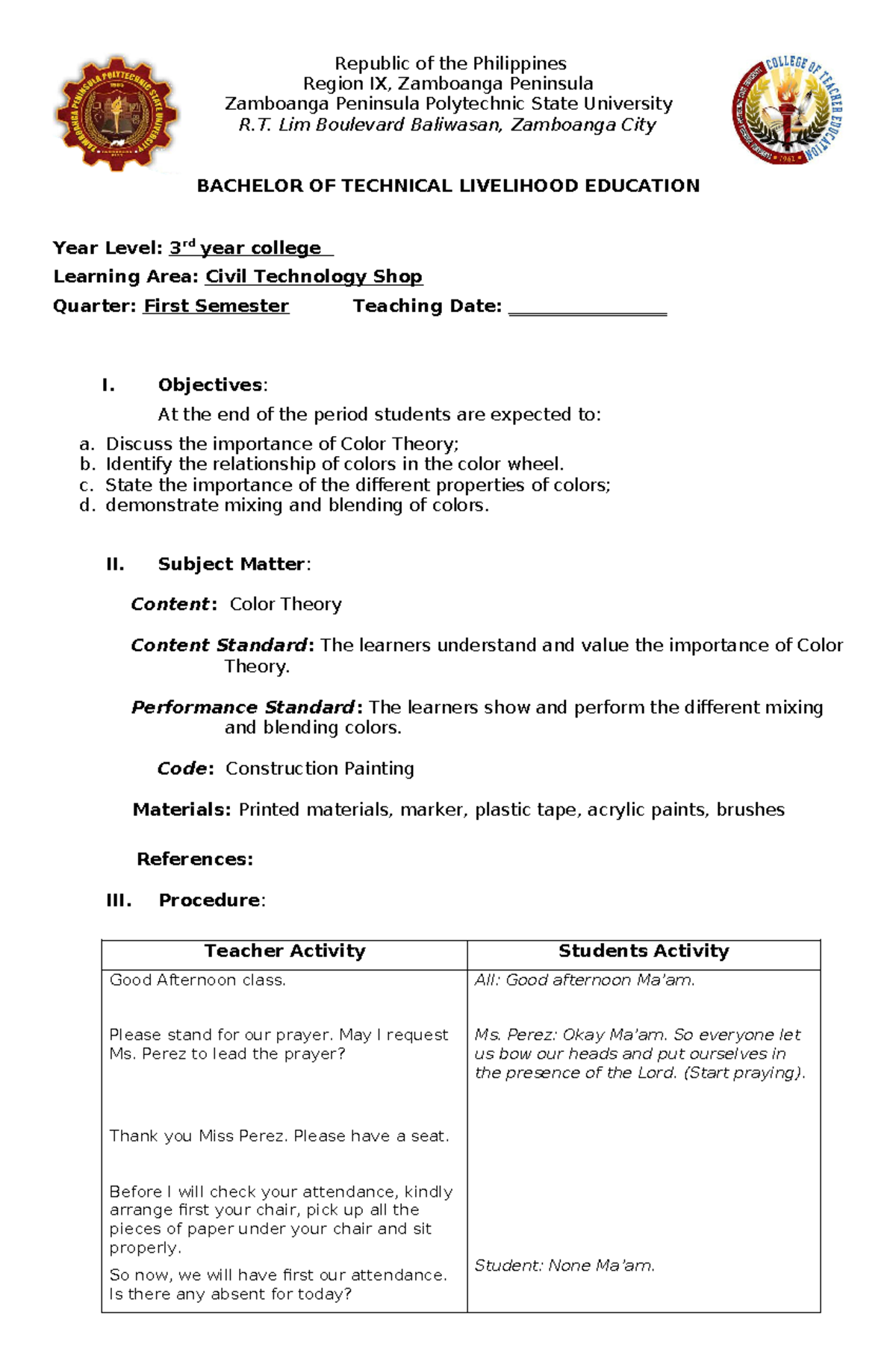 Color Theory Lesson Plan for Bachelor of Technical Education - Studocu